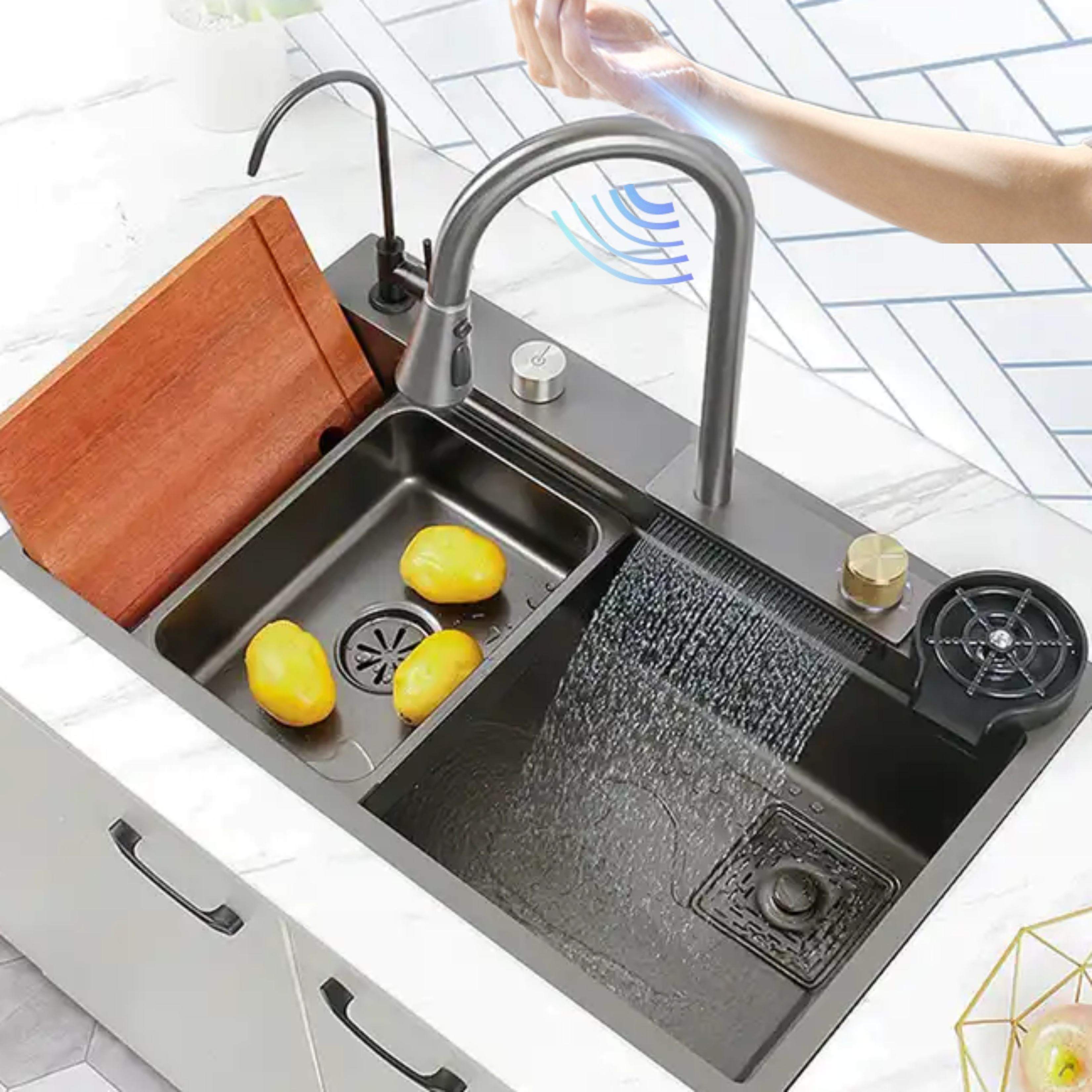 Smart Kitchen Sink & Smart Touch On Kitchen Faucet, waterfall multifun ...