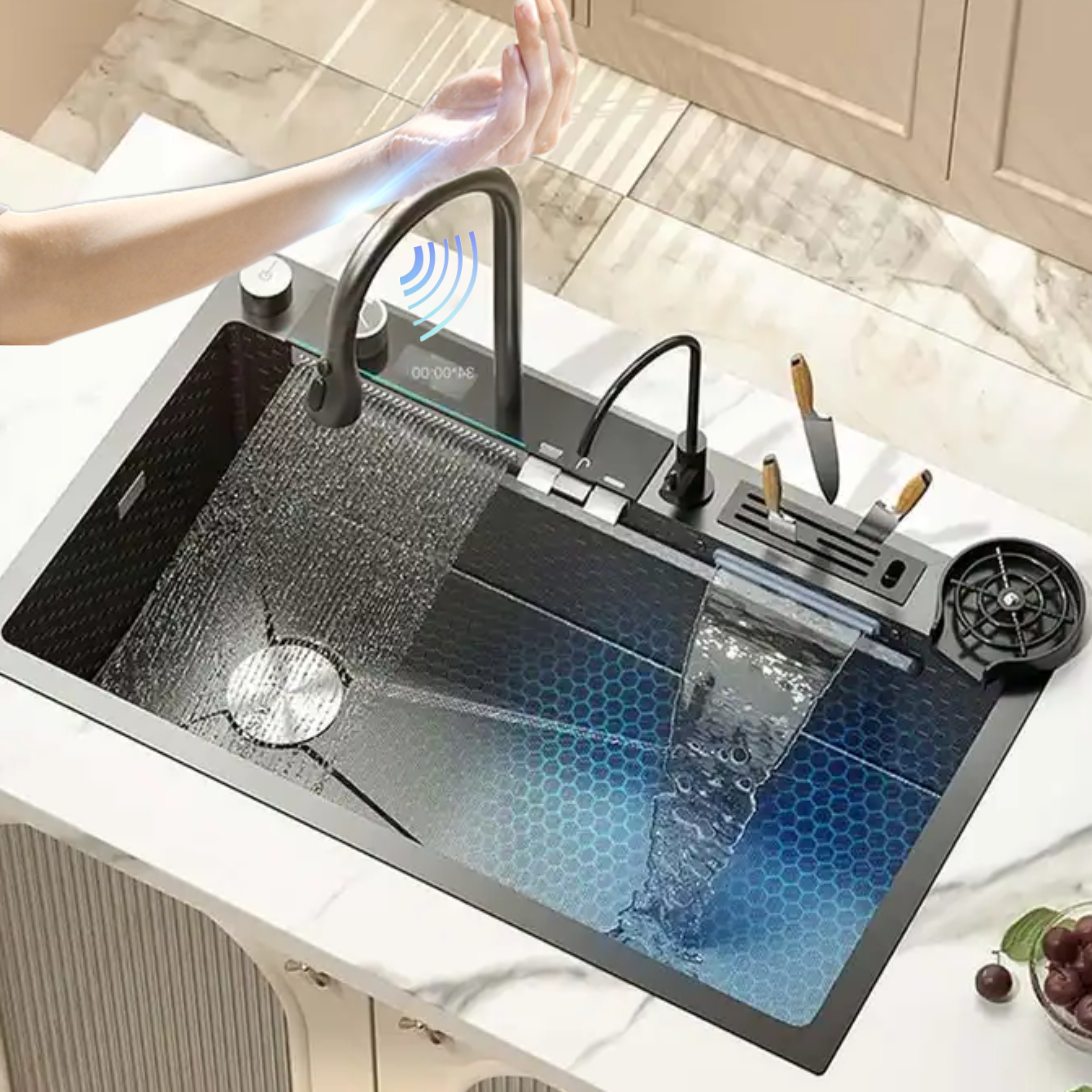 Smart Kitchen Sink & Smart Touch On Kitchen Faucet, waterfall multifun ...